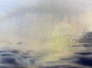 Painting boats in watercolor in rising fog